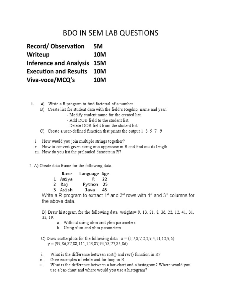 BDO - IN SEM LAB Questions | PDF | Algorithms | Algorithms And Data Structures