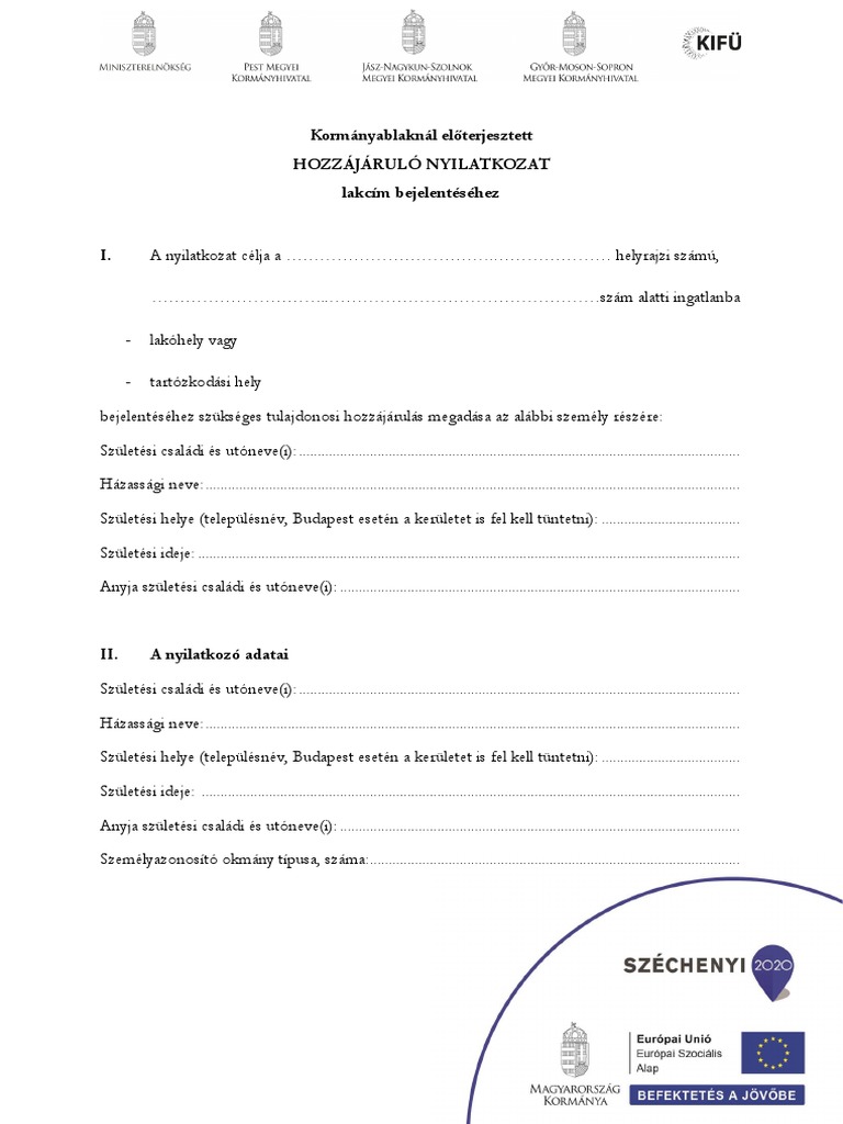 Kormányablaknál Előterjesztett Hozzájáruló Nyilatkozat Lakcím ...