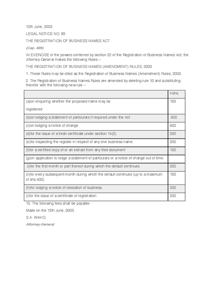 LEGAL NOTICE NO. 89 - 12th June, 2003 - THE REGISTRATION OF BUSINESS ...