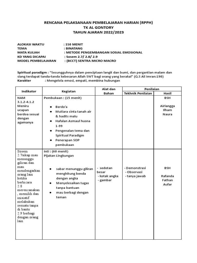RPPH TK Al Gontory: Tema Binatang | PDF