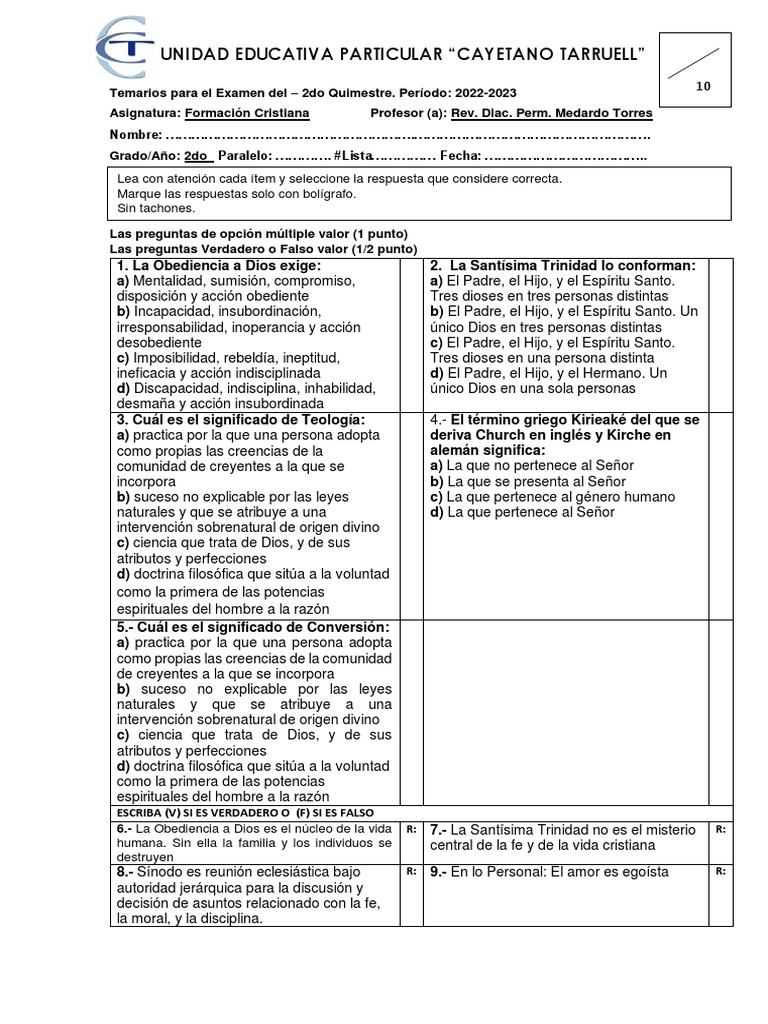 Temarios para El Examen - II - Q - 2do Bachi - Formación Cristiana | PDF | Fe | Doctrina social ...