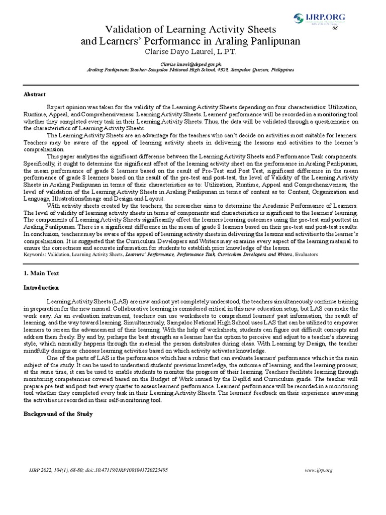 And Learners' Performance in Araling Panlipunan: Validation of Learning ...