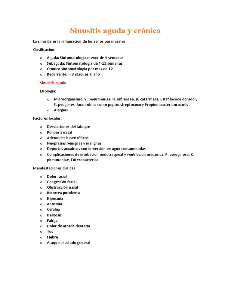 [TITULO]: Tipos y manifestaciones clínicas de la sinusitis aguda y crónica | PDF | Medicina ...
