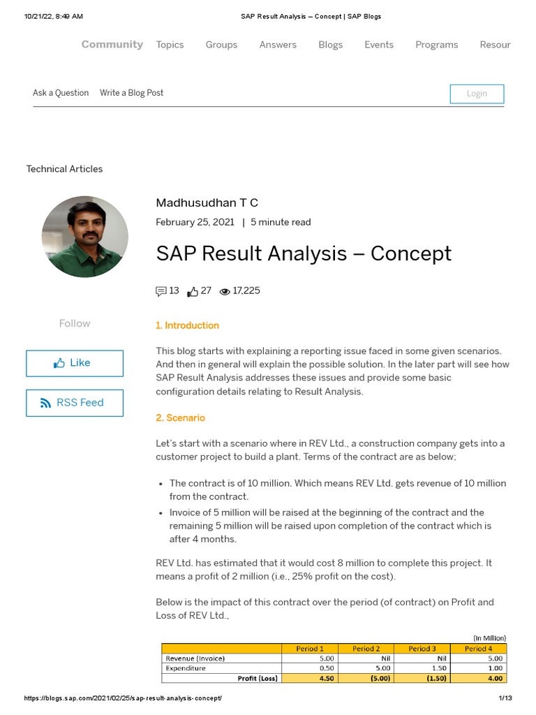 SAP Result Analysis - Concept: Madhusudhan T C | PDF | Cost | Revenue