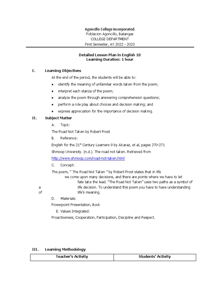 English 10 Lesson Plan: Frost's Poem Analysis | PDF