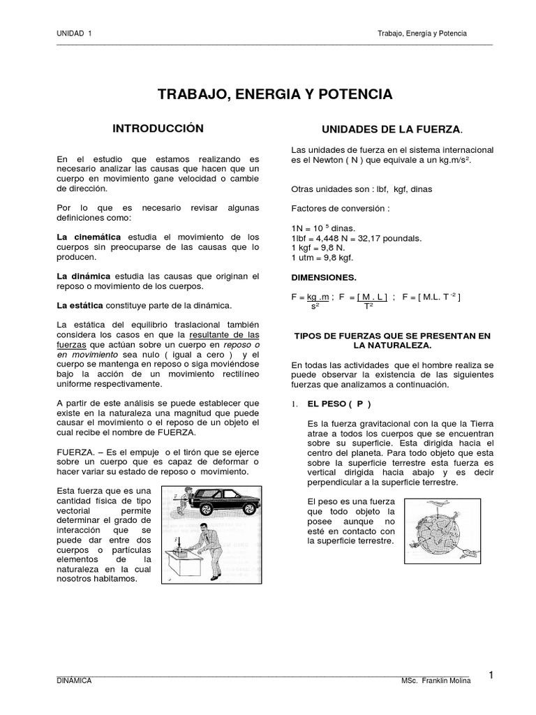 Unidad 1 Trabajo Energia y Potencia | PDF | Fuerza | Fricción