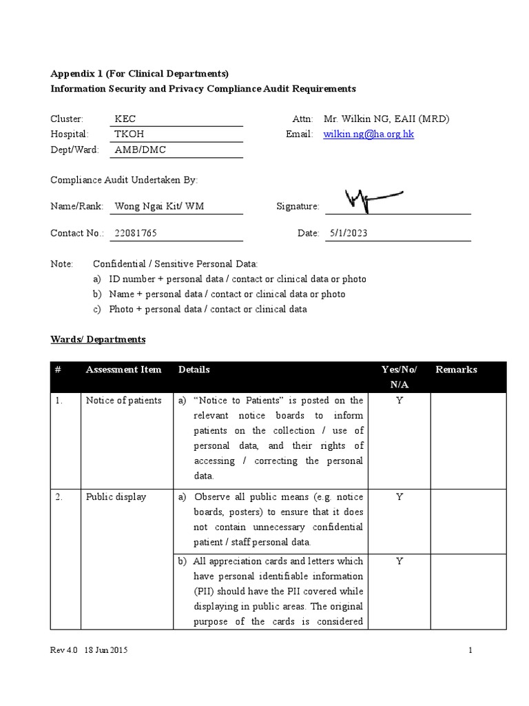 Appendix 1 (For Clinical Departments) Information Security and Privacy ...