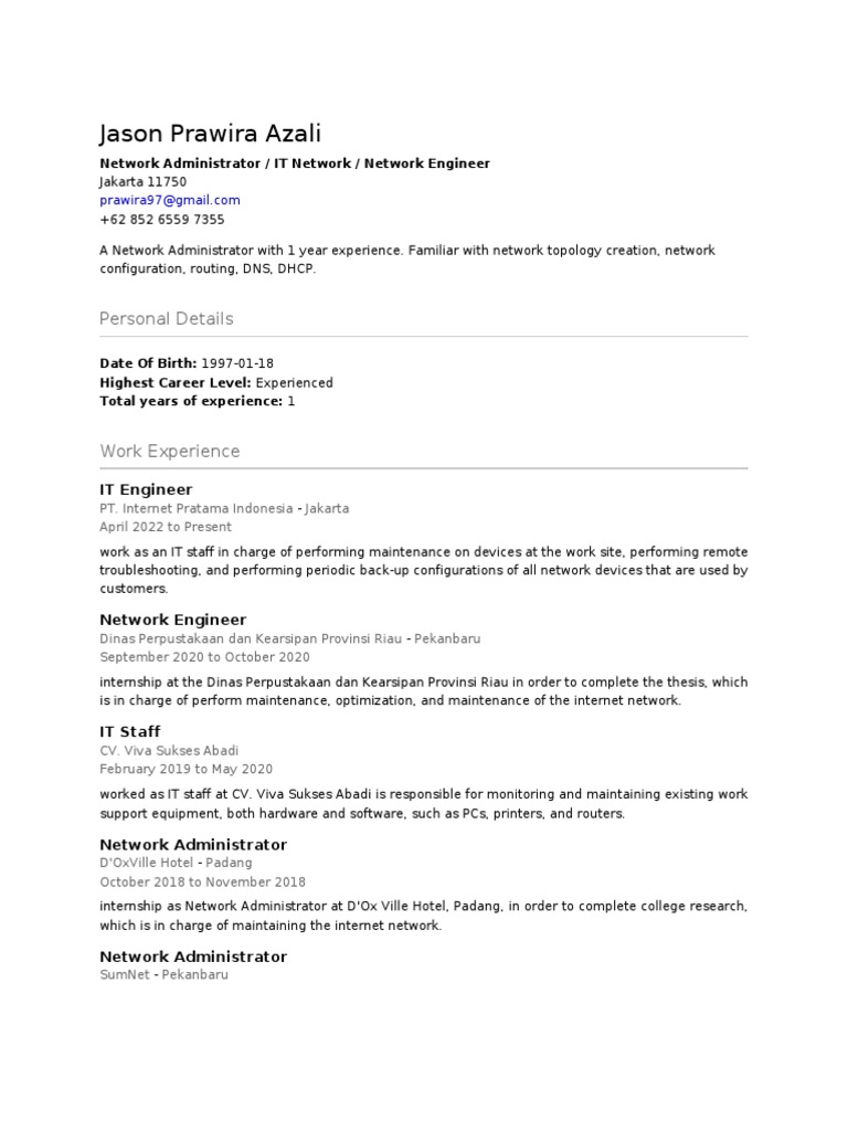 CV ATS Jason Prawira Azali | PDF | Computer Network | Computer Networking