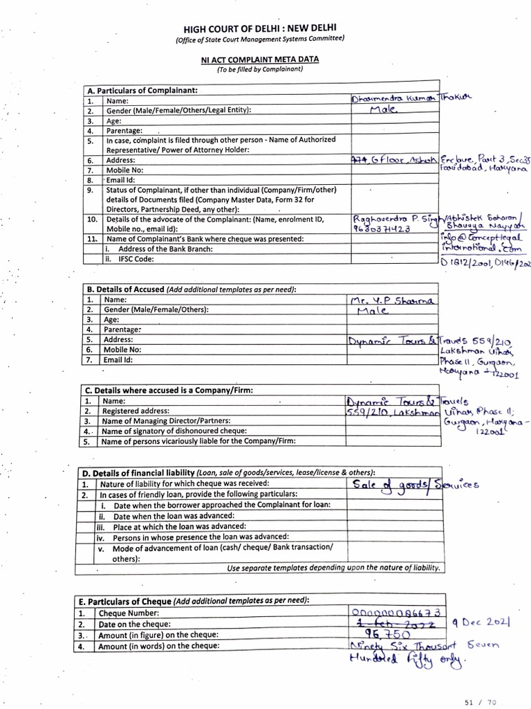 HIGH COURT OF DELHI: NEW DELHI - NI ACT COMPLAINT META DATA | PDF | Cheque | Justice