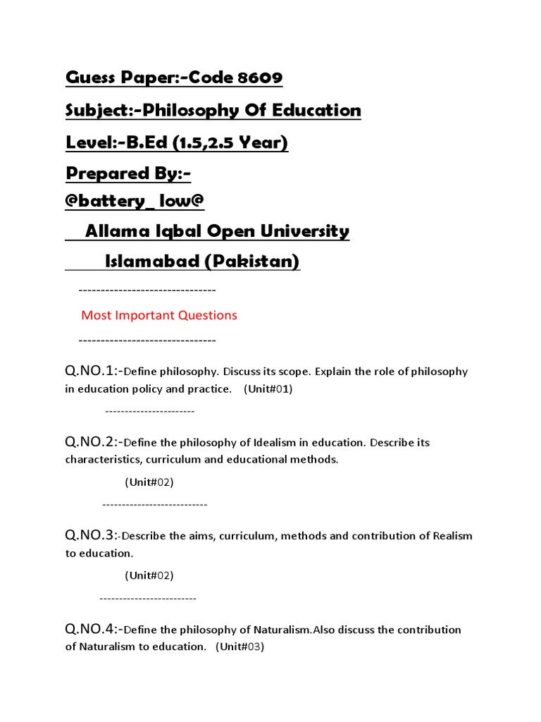 AIOU 8609 Philosophy Guess Paper 2025 | PDF