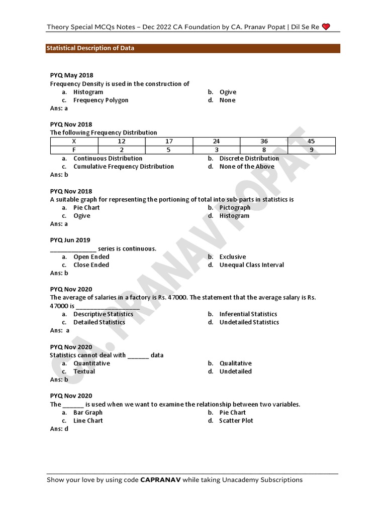Extra Theory MCQs by Pranav Popat | PDF | Mean | Median