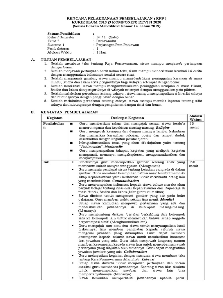 RPP TEMA 5 Kelas 4 | PDF