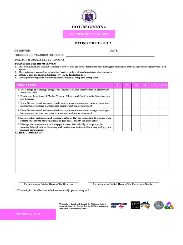 COT Beginning Set 2 Rating Sheet | PDF