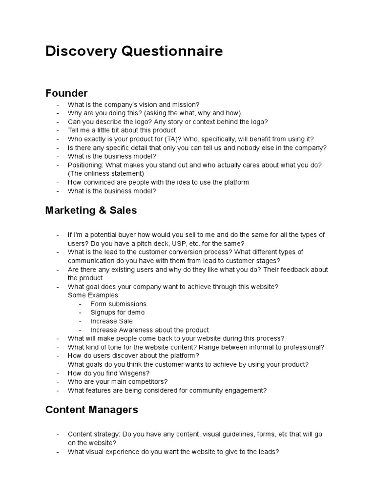 Discovery Questionnaire-2 | PDF | Business Model | Marketing