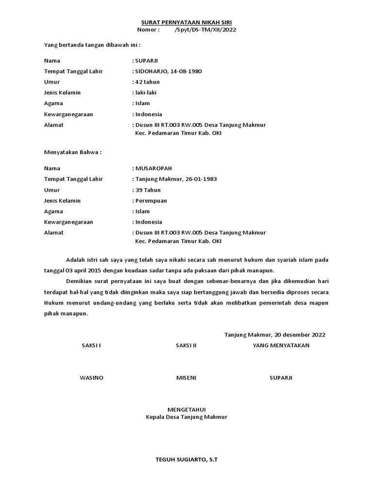 SURAT PERNYATAAN NIKAH SIRI | PDF