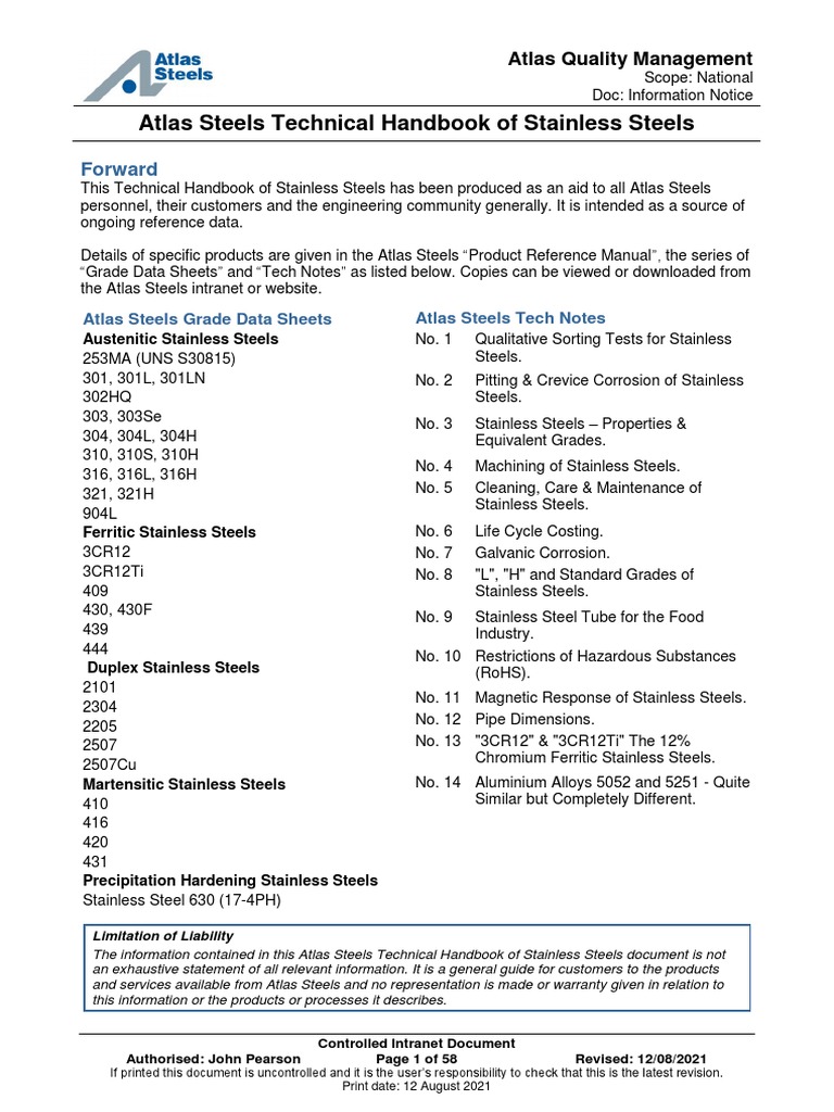 Atlas Steels Technical Handbook of Stainless Steels: Forward | PDF ...