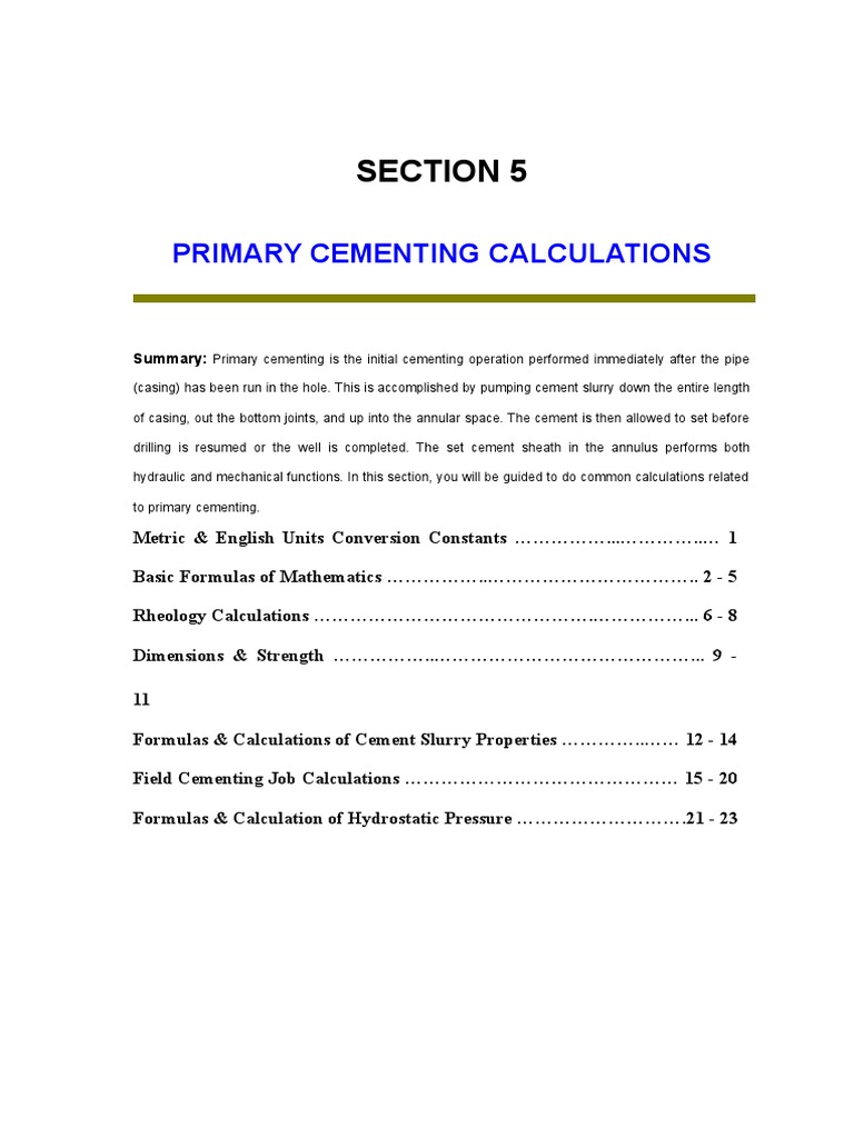Primary Cementing Calculations Guide | PDF | Casing (Borehole) | Density
