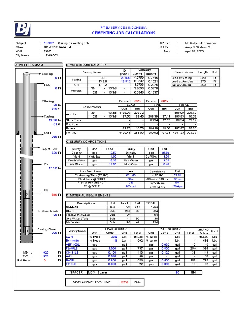 Cementing Job Calculations: PT BJ Services Indonesia | PDF | Physical ...