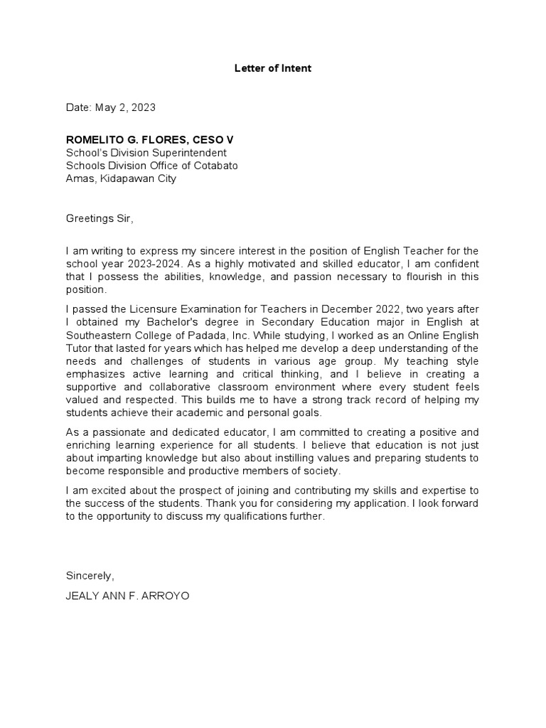 Letter of Intent - J.A.ARROYO | PDF | Teachers | Cognitive Science