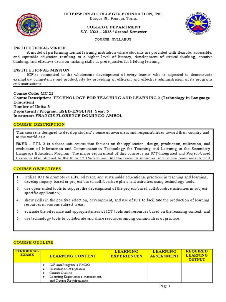 Icf College Syllabus 2022-2023 TTL2 | PDF | Educational Technology ...