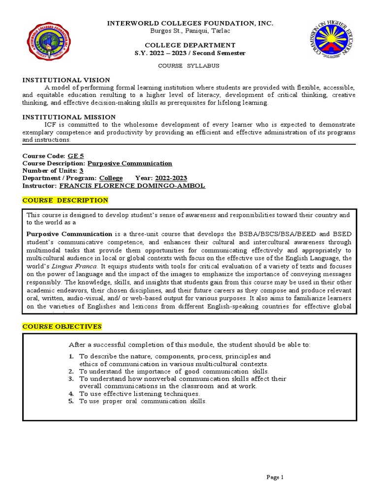 Purposive Communication Syllabus | PDF | Communication | Lecture