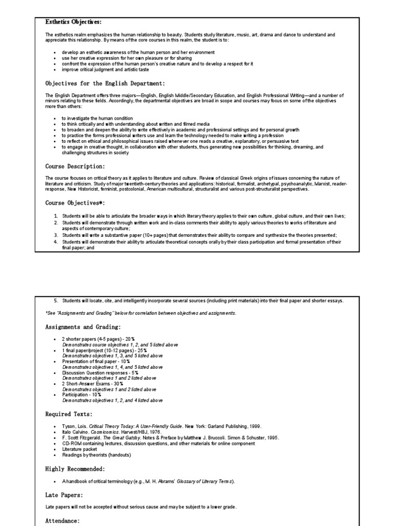 Esthetics Objectives:: Objectives For The English Department | PDF ...