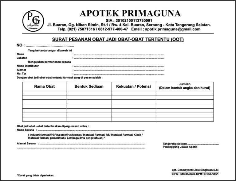 Apotik Primaguna SURAT PESANAN OBAT 210X165 | PDF