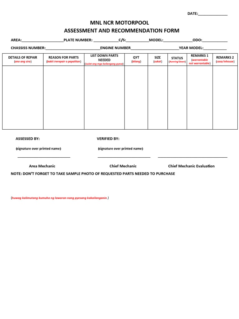 Mechanic Assessment and Recommendation Form | PDF