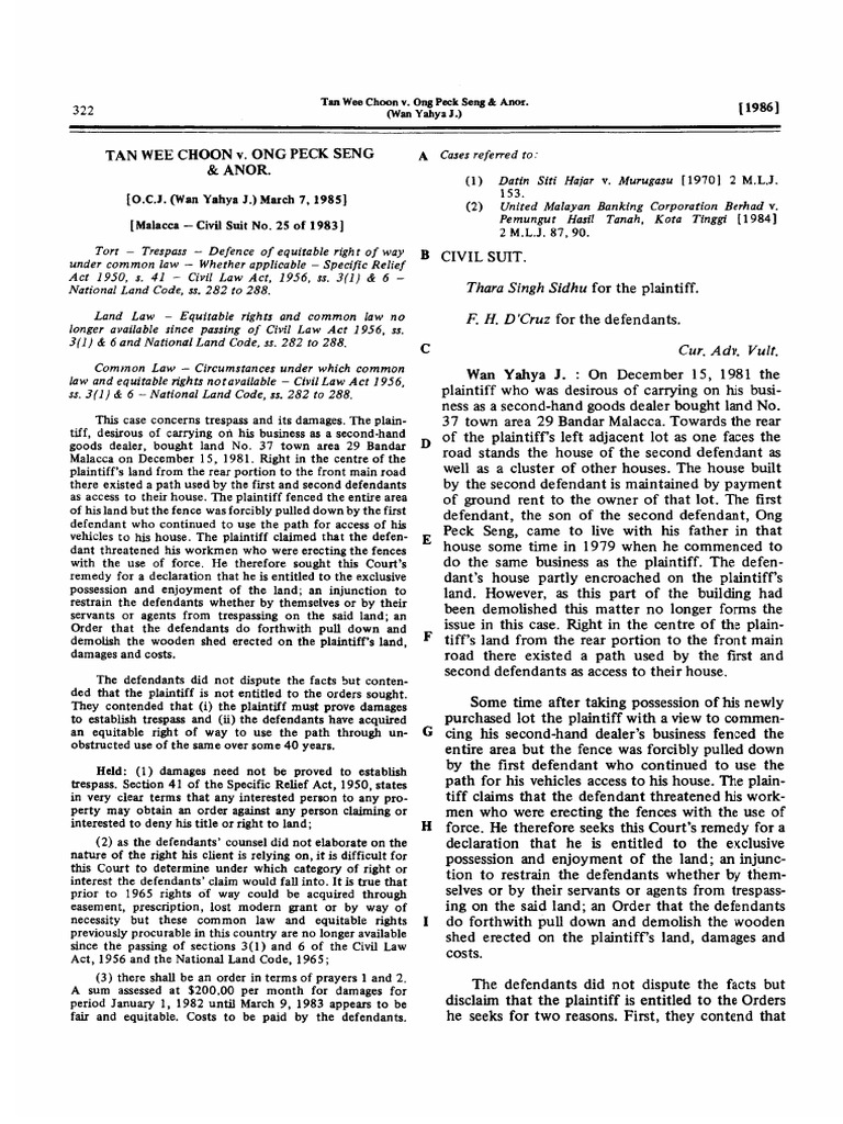 TAN WEE CHOON V ONG PECK SENG & ANOR | PDF