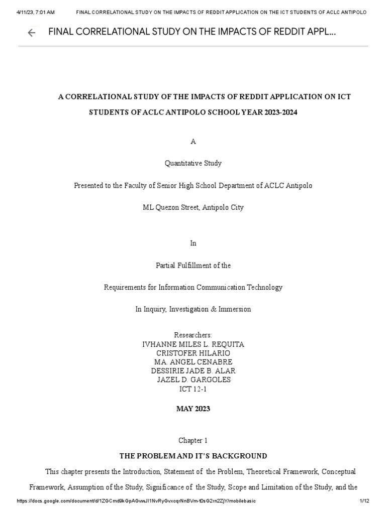 Final Correlational Study On The Impacts of Reddit Application On The ...