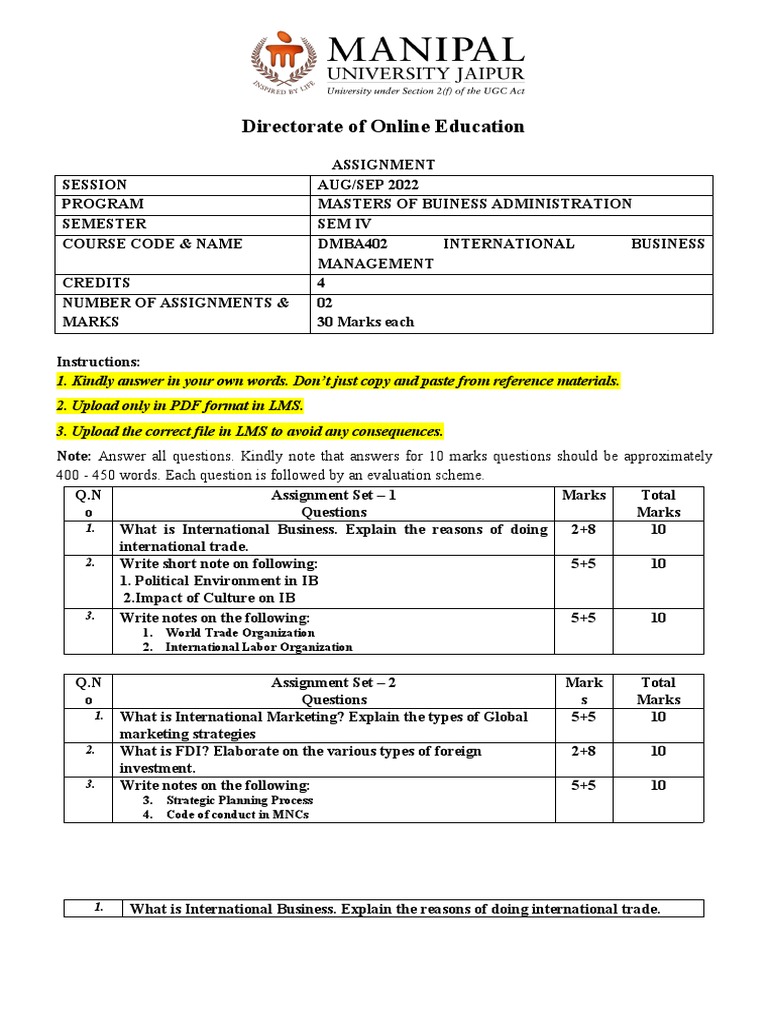 Assignment - DMBA402 - MBA 4 - Set-1 and 2 - Aug-Sep - 2022 | PDF ...