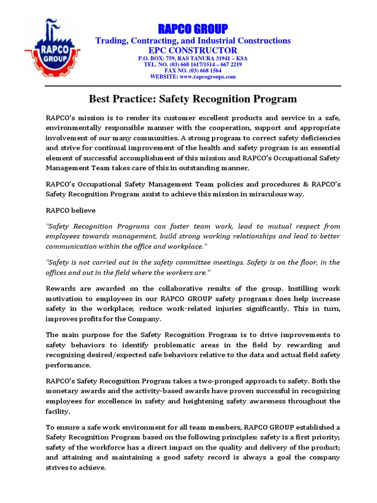 Safety Recognition Program | PDF | Occupational Safety And Health | Labor