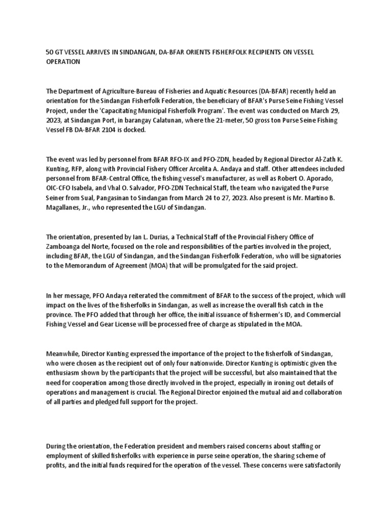 50 GT Vessel Arrives in Sindangan | PDF | Fish And Humans