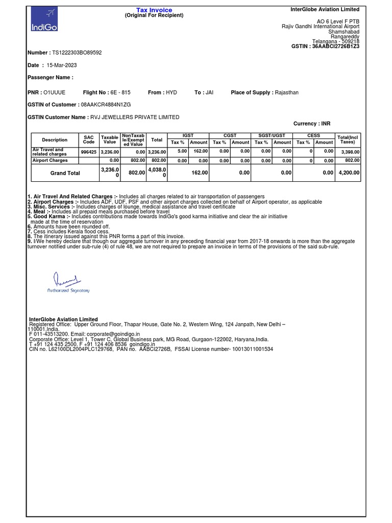 Tax Invoice TS1222303 BO89592 | PDF | Airport | Payments