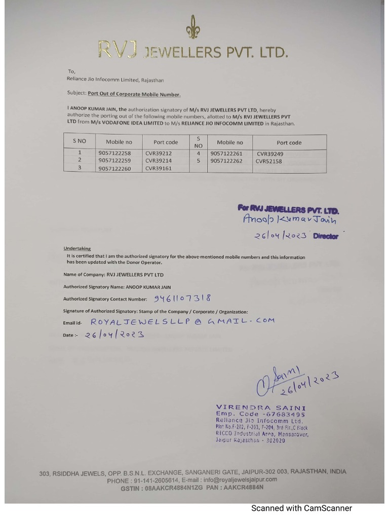 RVJ Jewellers PVT LTD MNP Letter | PDF