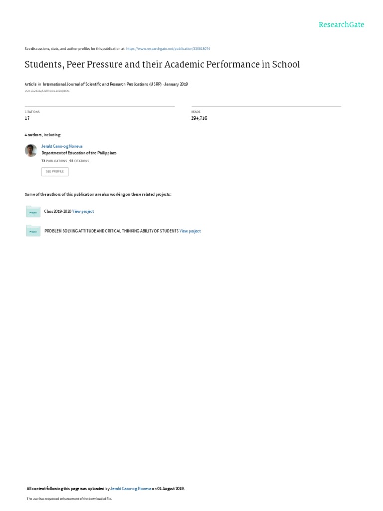 Students, Peer Pressure and Their Academic Performance in School | PDF | Adolescence | Survey ...