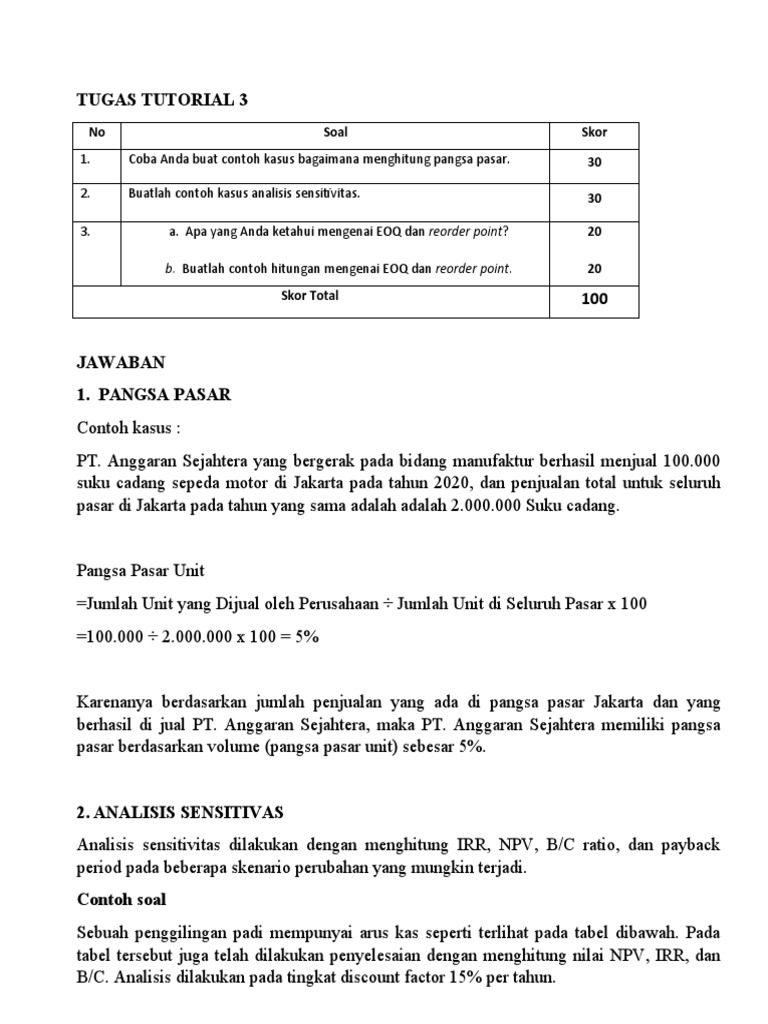 Tugas Tutorial 3: No Soal Skor 30 30 20 20 Skor Total | PDF ...
