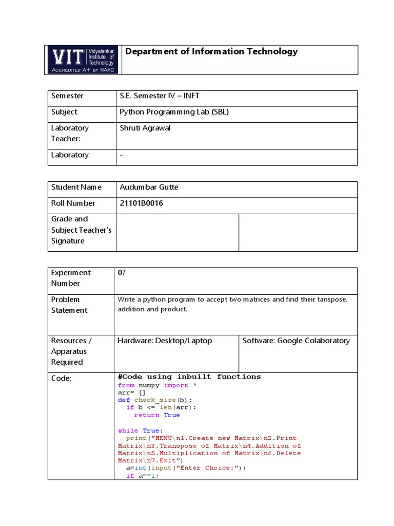 Python Exp 7 | PDF | Matrix (Mathematics) | Mathematical Concepts