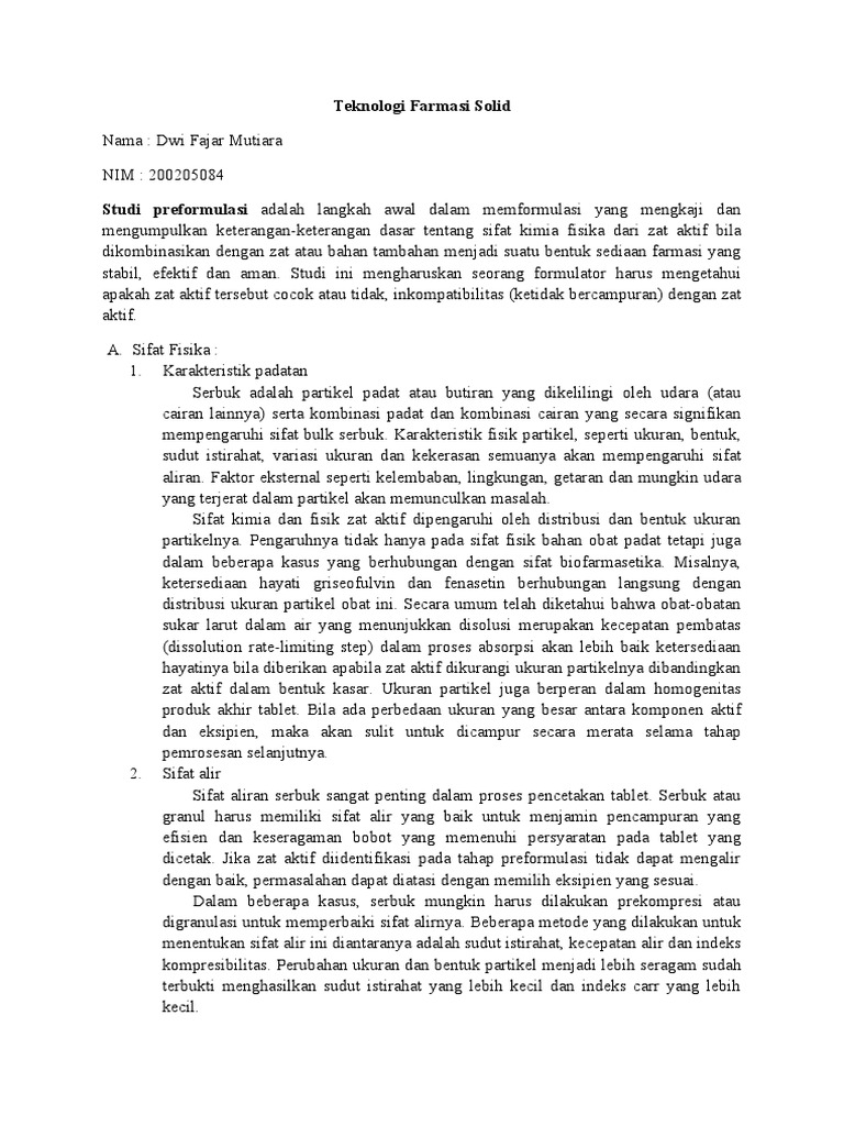 Preformulasi Teknologi Farmasi Solid P-2 | PDF