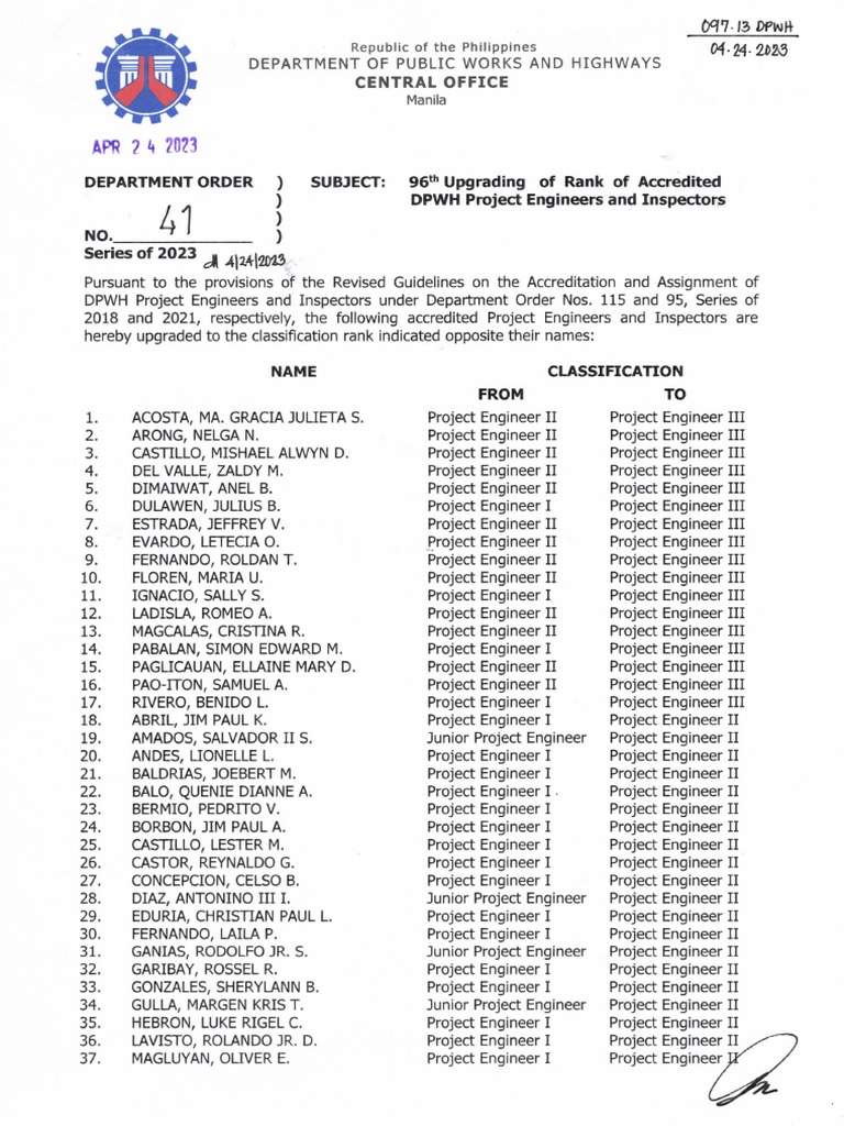 SUBJECT: 96th Upgrading of Rank of Accredited: DPWH Project Engineers ...
