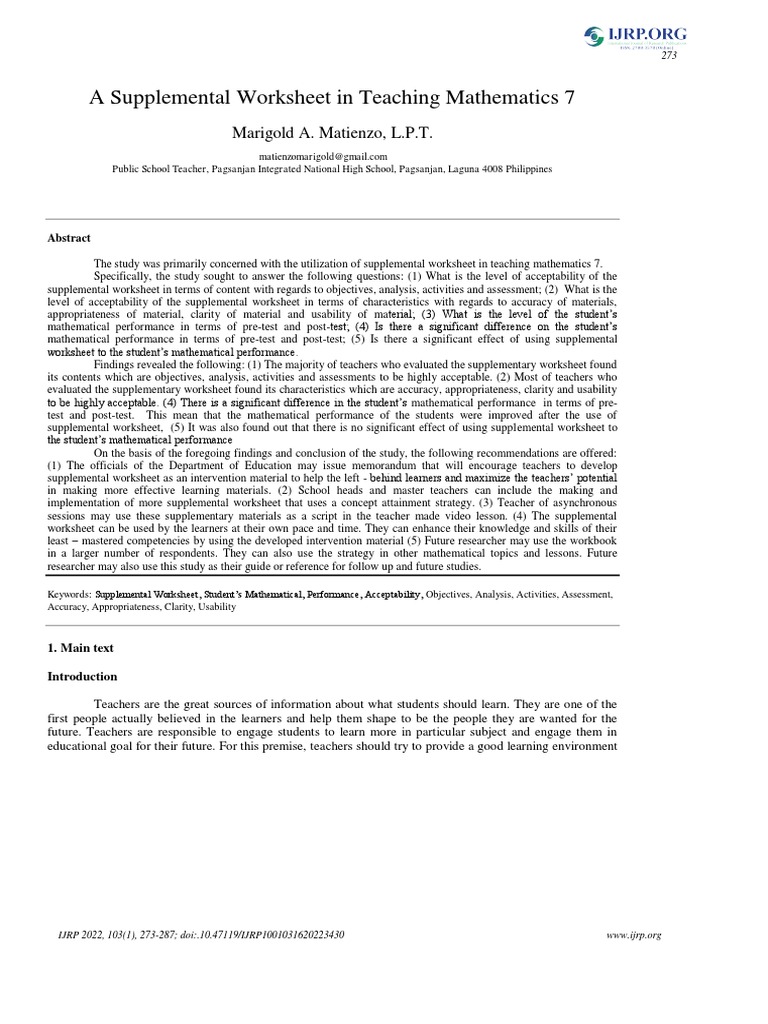 A Supplemental Worksheet in Teaching Mathematics 7: Marigold A ...