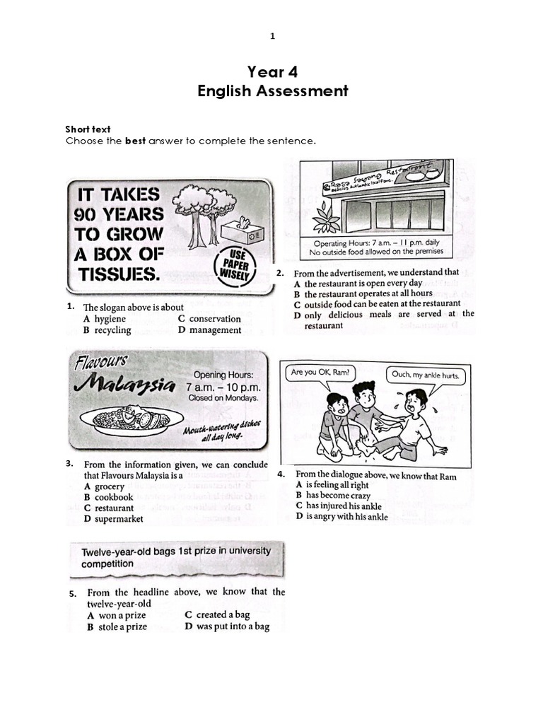A Comprehensive English Assessment Containing Multiple Choice Questions ...