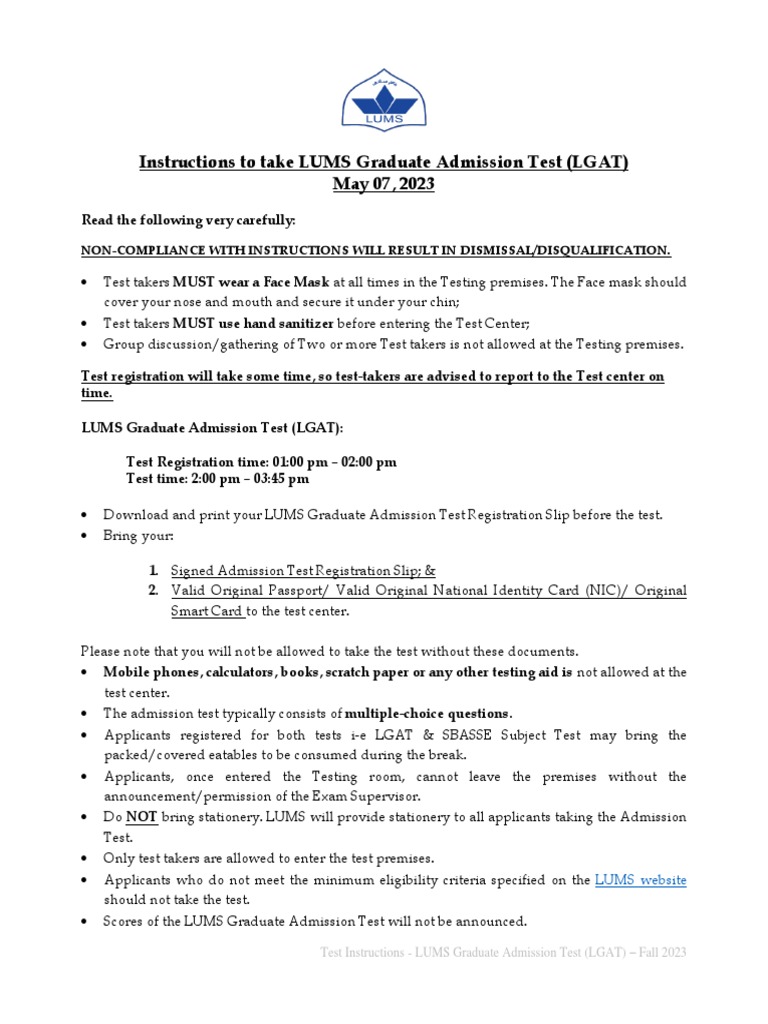 Comprehensive Instructions for Taking the LUMS Graduate Admission Test ...