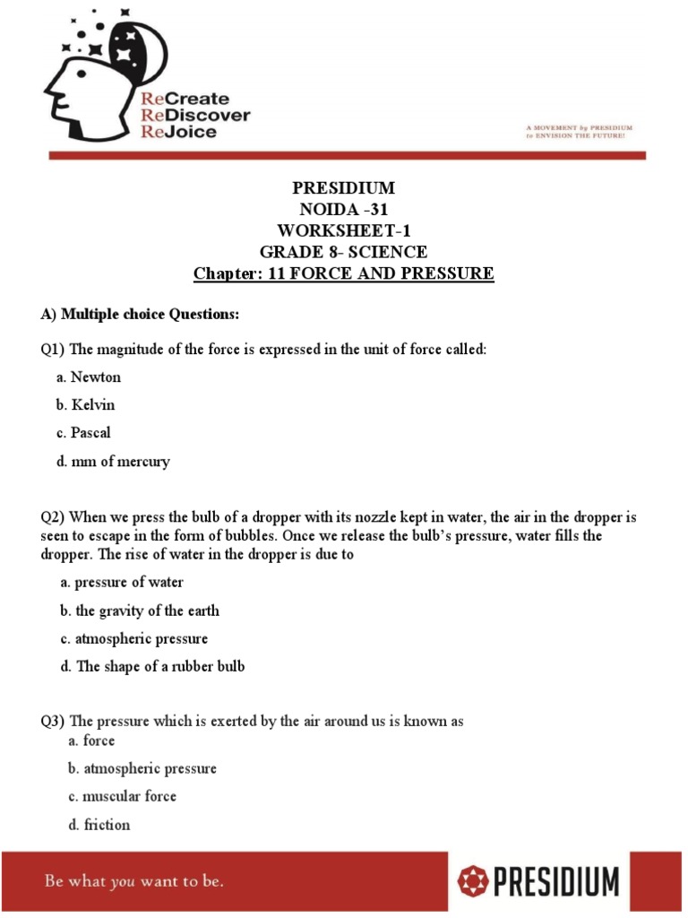 Revision Worksheet 1 Force and Pressure | PDF | Pressure | Force