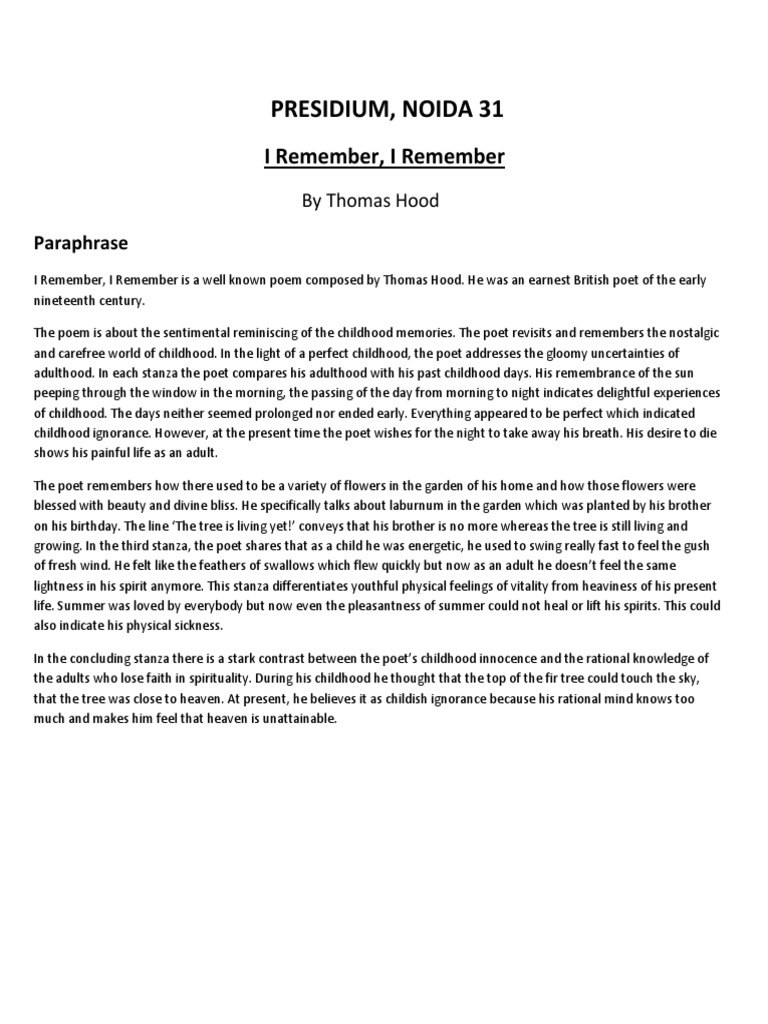G8 I Remember, I Remember by Thomas Hood | PDF