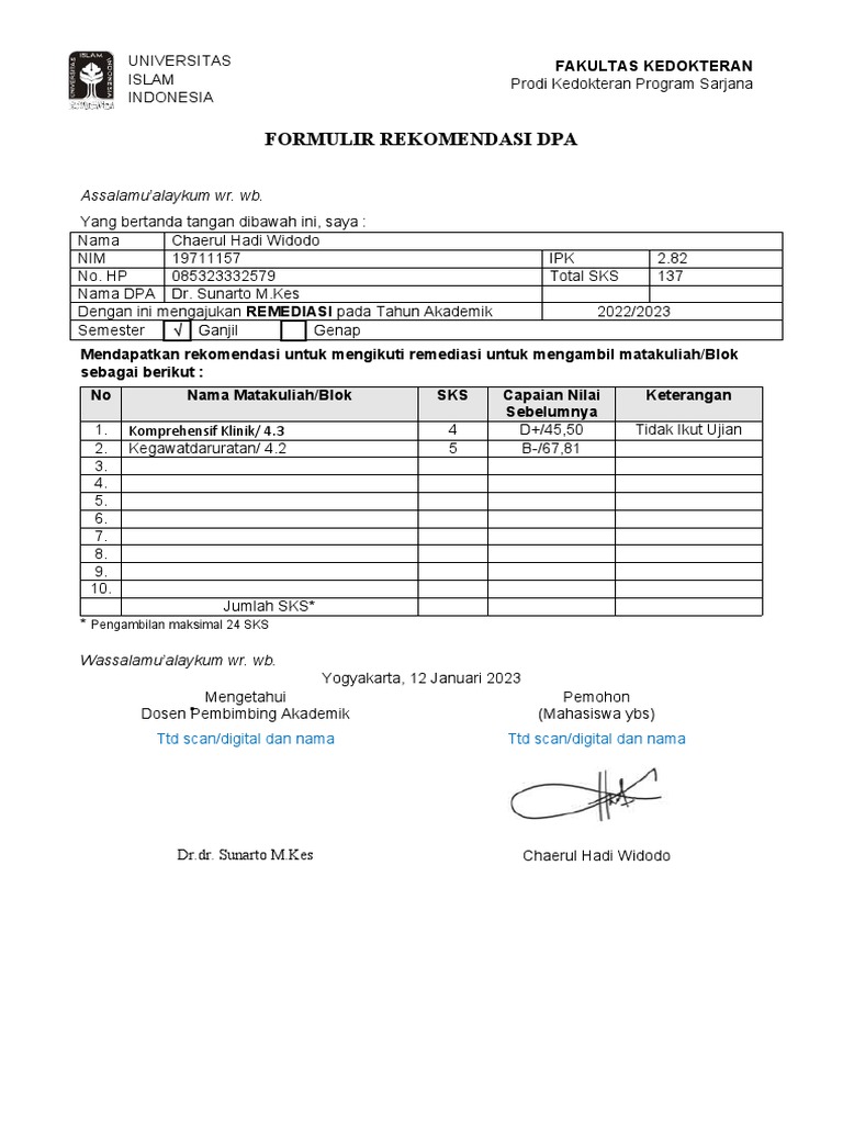 Rekomendasi Formulir-persetujuan-remediasi-DPA-Chaerul Hadi Widodo-1 | PDF