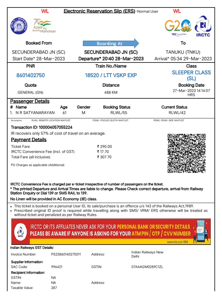 LTT VSKP Exp Sleeper Class (SL) | PDF | Identity Document