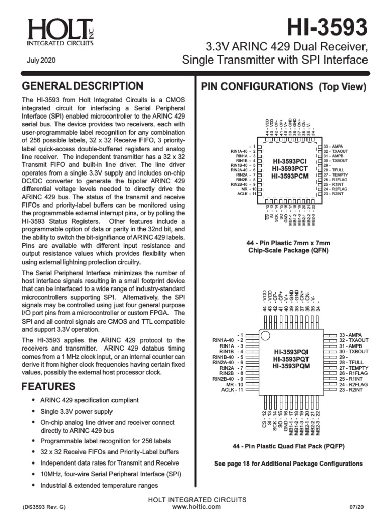 HI-3593: Dual Receiver, Single Transmitter ARINC 429 Interface IC with SPI | PDF | Electronics ...