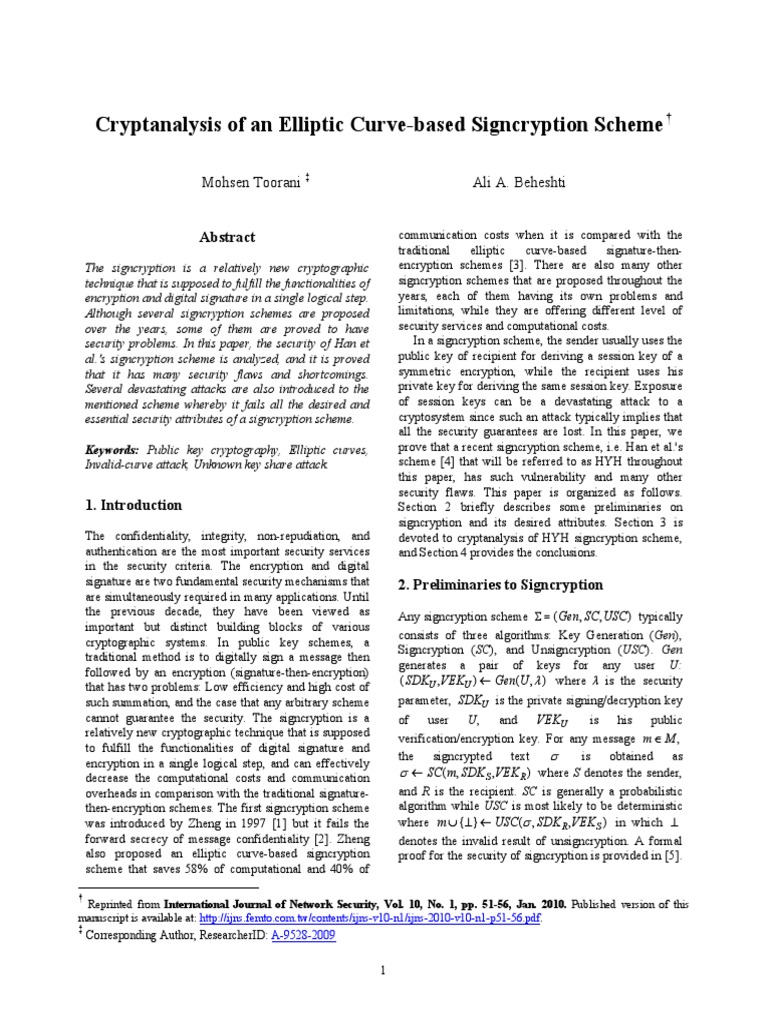 Cryptanalysis Of An Elliptic Curve Based Signcryption Scheme Download Free Pdf Public Key