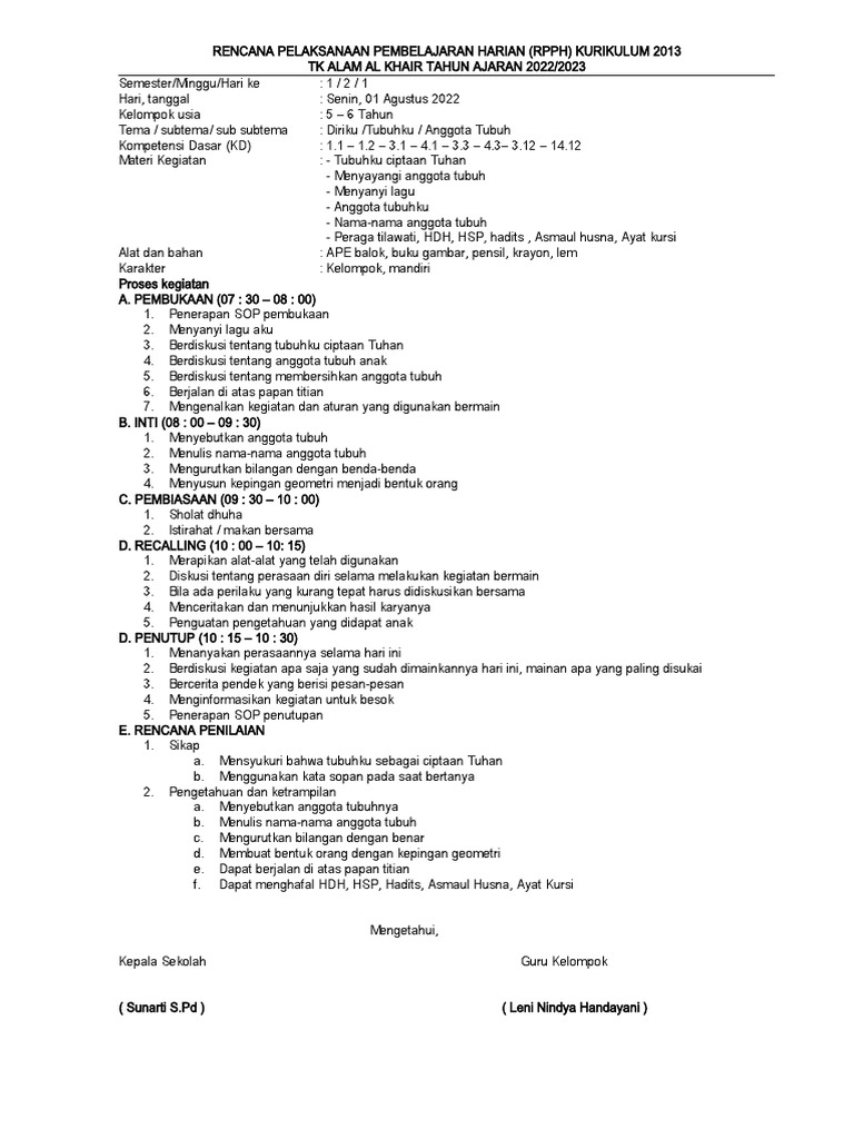 RPPH Tema Tubuhku untuk PAUD | PDF | Karier & Perkembangan ...
